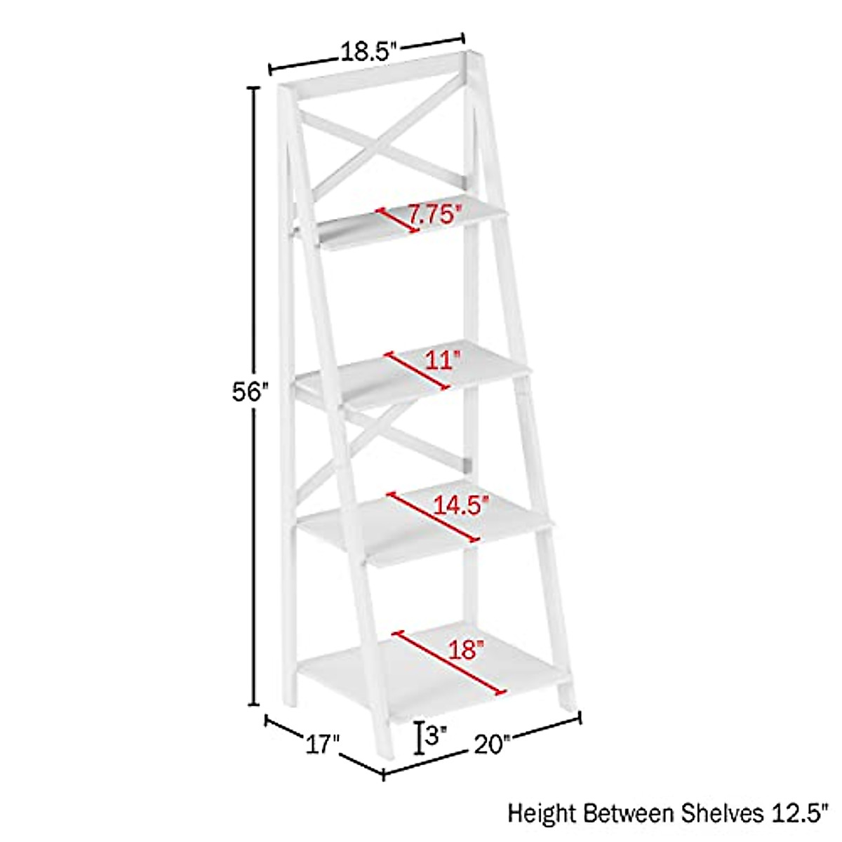 Lavish Home 4-Tier Ladder Bookshelf – Freestanding Wooden Bookcase – X-Back Frame and Leaning Look Decorative Shelves for Home and Office (White) Set of 1