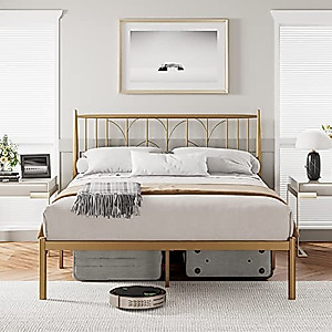 Senfot Bed Frame, Gold Metal Queen Size Platform Bed Frame with Headboard, Heavy Duty Metal Slat Support, Mattress Foundation, Noise Free Design, Easy Installation, Gold
