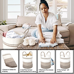 2 Pack Large Tall Rope Laundry Baskets, Cotton Laundry Hamper, Dirty Clothes Hampers Woven Basket, Blanket Basket Storage for Living Room, Dirty Clothes Baskets for Bedroom, Baby Room, 58L&28L Khaki