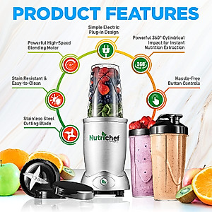 NutriChef Personal Electric Single Serve Blender - 1200W Professional Kitchen Countertop Mini Blender Shakes and Smoothies w/ Pulse Blend, Convenient , Portable 10 & 24 Oz Cups - NutriChef NCBL12