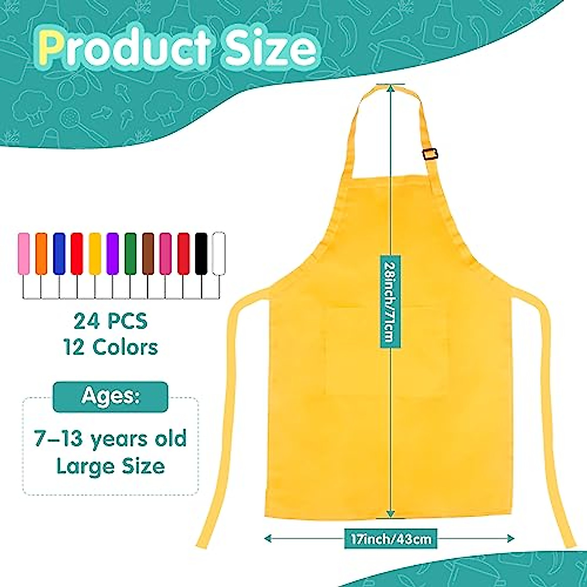 Ecoofor 24 Pieces 12 Colors Kid Aprons Set XL for 7-13 Age Children Chef Aprons Kids Painting for Kitchen Cooking Baking Painting