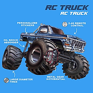 WOWRC RC Truck Crawlers FMS FCX24 Smasher, 1/24 Remote Control Monster Truck Mini RC Rock Crawler, Hobby RC Cars 8km/h 2 Speed Transmission for Adults, 2.4Ghz RTR with Battery, USB Charger, Blue