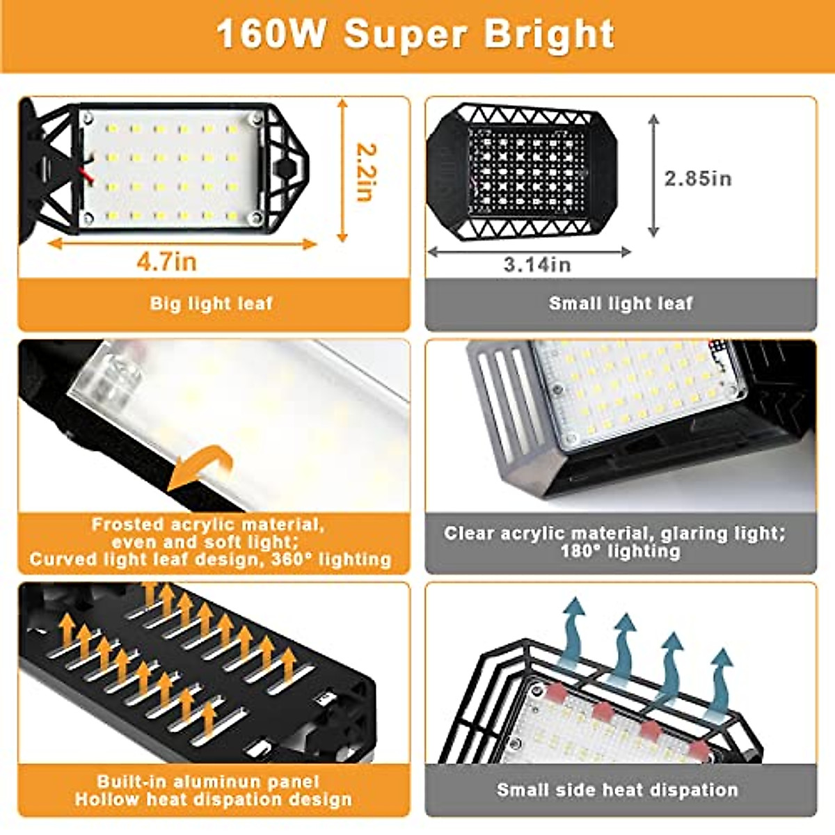LED Garage Light 2 Pack - 160W Led Shop Light, 16000 Lumen 360° Lighting Garage Lights Ceiling LED with 5 Adjustable Panels, 6500K Daylight for Barn Workshop Basement Support E26/E27 Screw Socket