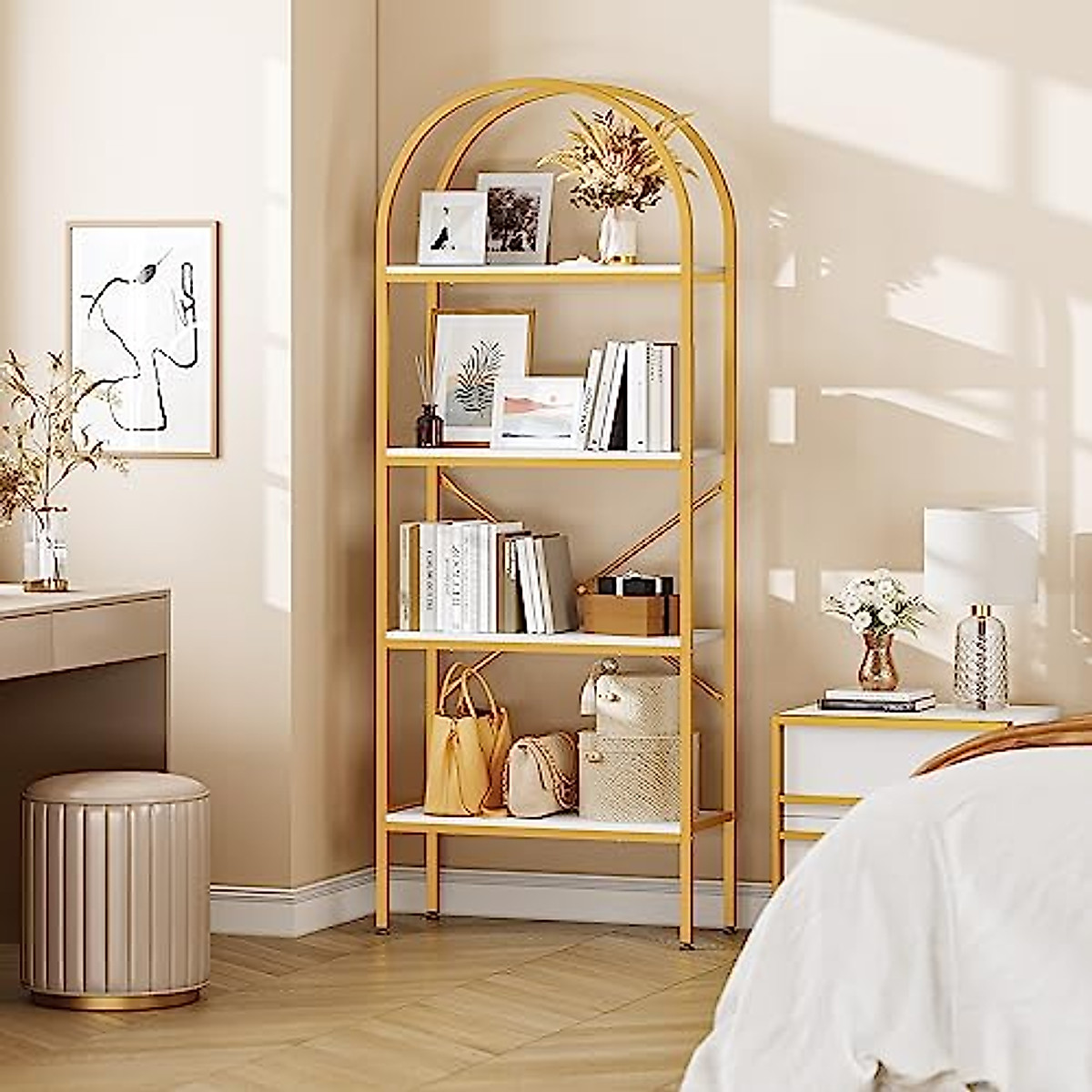 YITAHOME Gold Bookshelf and Bookcase, 71.3” Tall Modern Open Arched Book Shelf, 4-Tier Freestanding Storage Display Rack Shelves for Bedroom,Living Room,Office,Kitchen, White&Gold