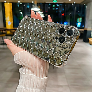 MGQILING Compatible with iPhone 13 Pro Max Case-6.7 Inch, Fashion 3D Woven Pattern Plating Phone Case, Grid Printed case for Women Girls Soft Silicone Shockproof Camera Protective Back Cover-Silver