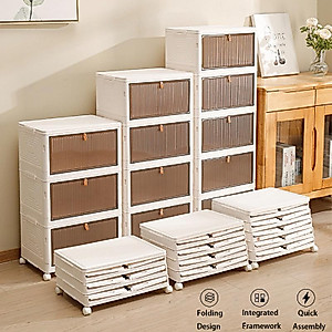White 5 Tier Plastic Storage Bins Organizer with Lids and Wheels, 17.13 × 12.4 × 45.47 Inch Stackable Bins for Storage, 46Qt Folding Storage Boxes for Home, Dorm Room, 5th storage box (Five layers)