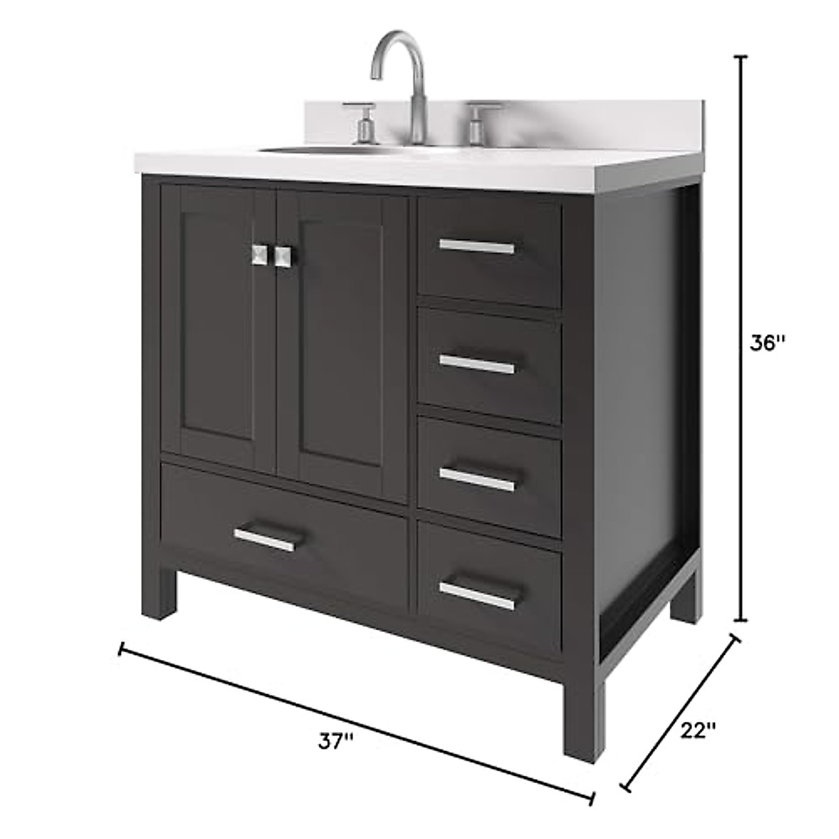 ARIEL Bathroom Vanity 37" Inch in Espresso with Pure White Quartz Counter-top, Left Offset Oval Sink, 2 Soft Closing Doors and 5 Full Extension Dovetail Drawers, No Mirror