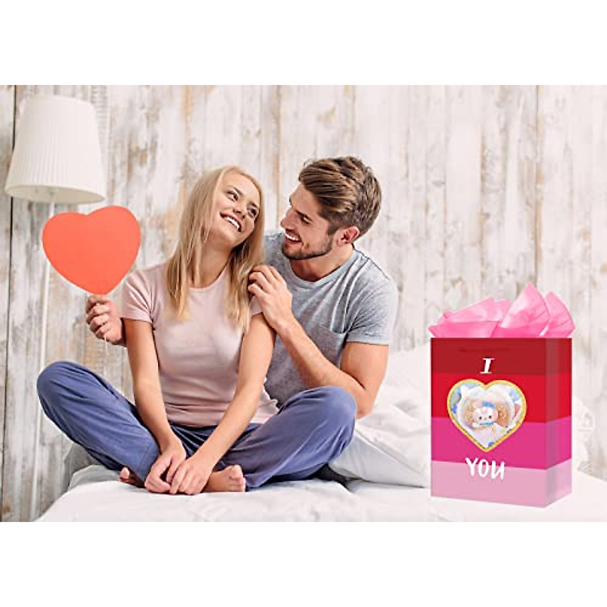 FLYAB Valentines Day Gift Bag with Tissue Paper 11.5" Valentines Gift Bag with Handle Clear Heart Gift Bags for Anniversary Wedding Valentine's Day Party Favors Birthday Valentines Gifts Wrapping