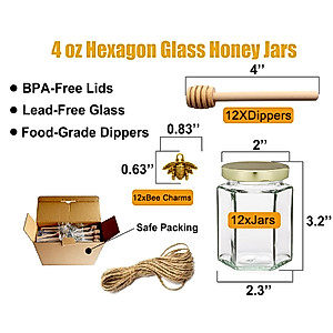Adabocute 4oz Hexagonal Honey Jars - Glass Honey Jars with Gold Lids, Wooden Dippers, Bee Charms and Jutes - Hexagon Honey Jars for Baby Shower, Wedding and Party Favors, 12 Pack