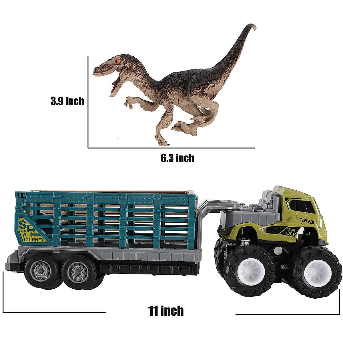 Dinosaur Transport Truck 9.8 inch Metal Trailer Belt 6.7 inch Velociraptor for 3 4 5 6 7 Year Old boy Toy