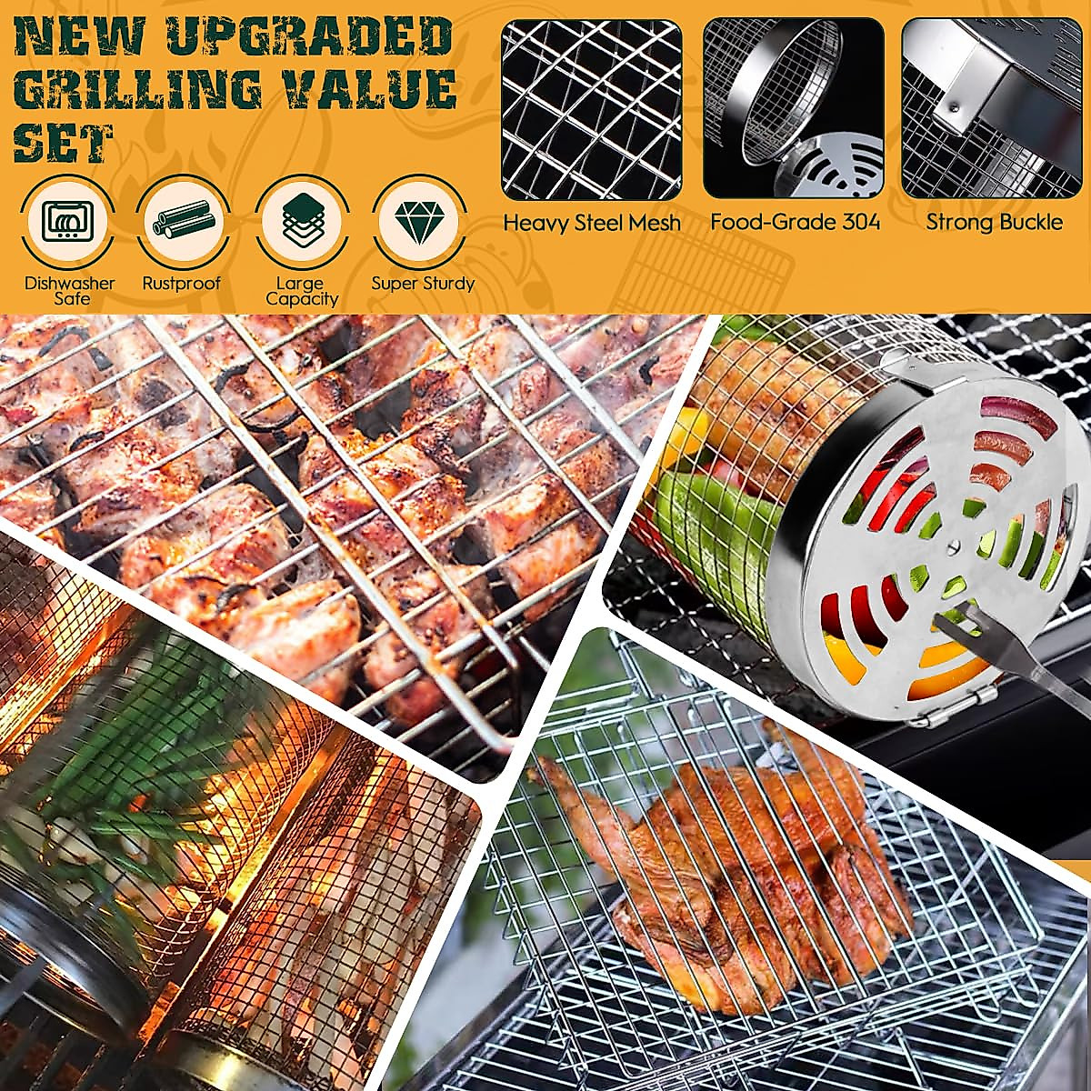 Grill Basket,11pcs Rolling Grill Baskets For Outdoor Grill With Barbeque Grilling Accessories,Stainless Steel Barbecue Folding Grill Basket With Handle,Brush,Portable Bbq Camping For Fish,Shrimp,Vegetables,Birthday Gifts For Men Dad