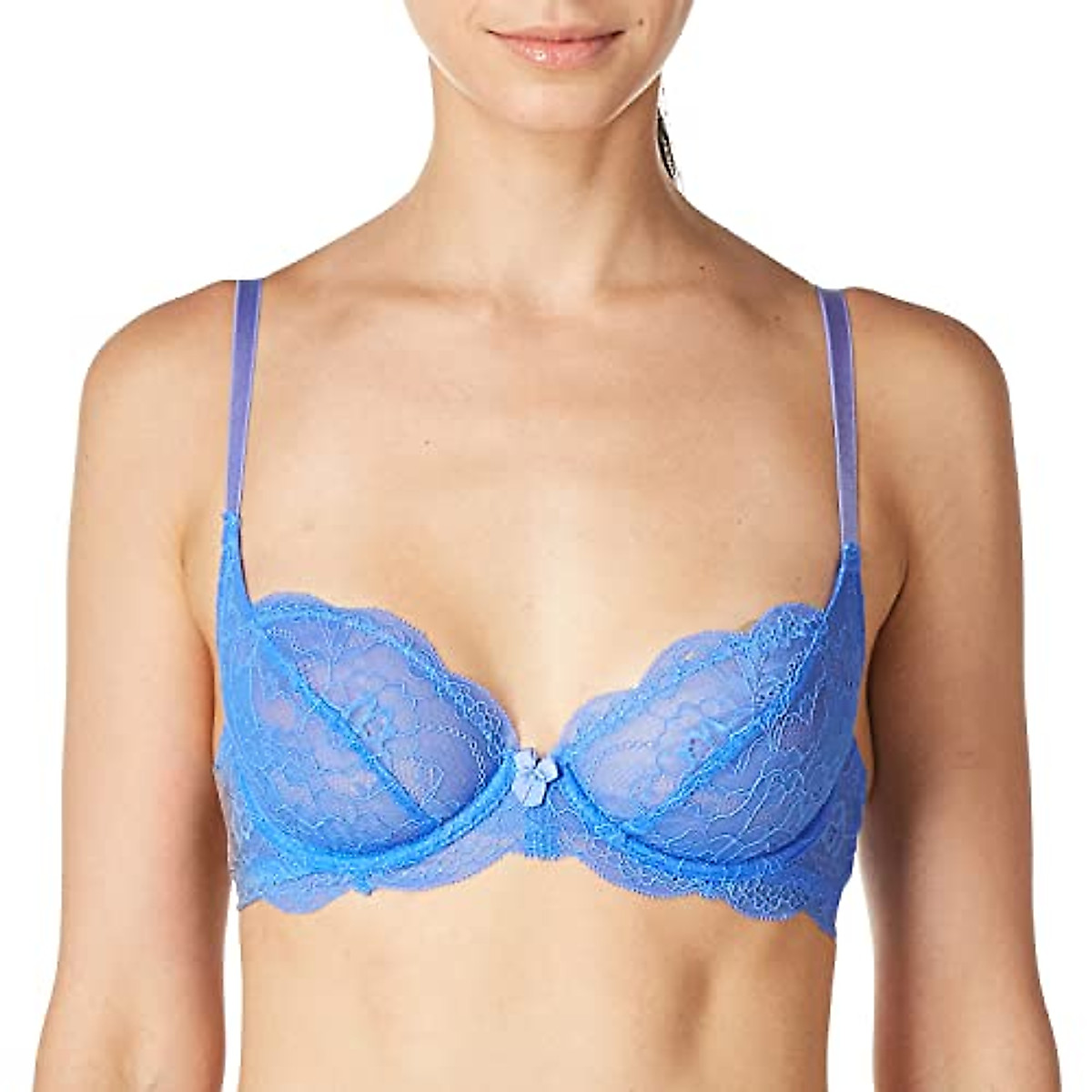 Undies.com Women's Microfiber Lace Unlined Underwire Balconette Bra, Cornflower, 38D