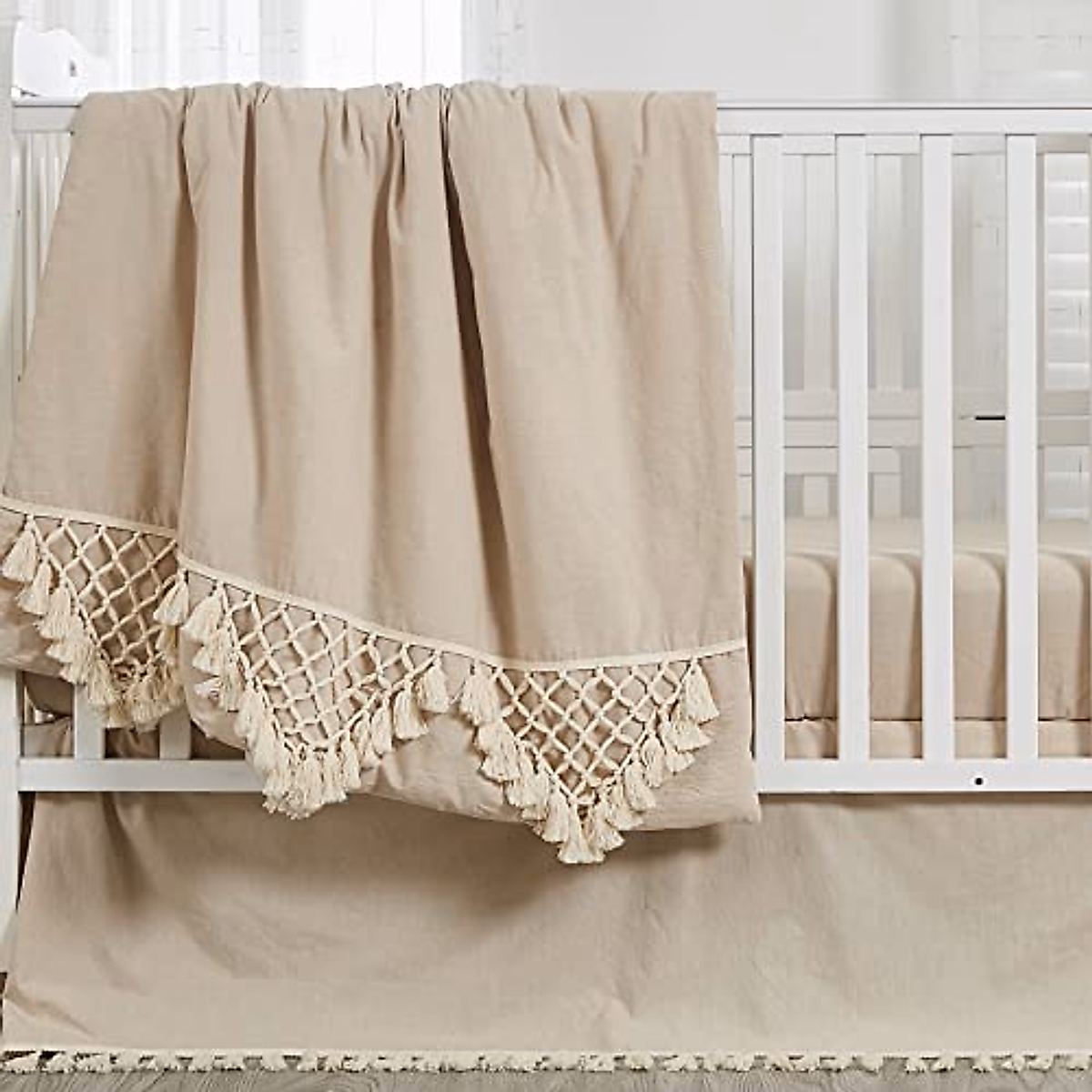 Brandream Gender Neutral Boho Bohemian Baby Girl Boy Nursery Crib Bedding Set 3 Pieces Solid Beige Farmhouse Chic Unisex Minimalist Tassel Fringe Macrame Cozy 100% Washed Cotton