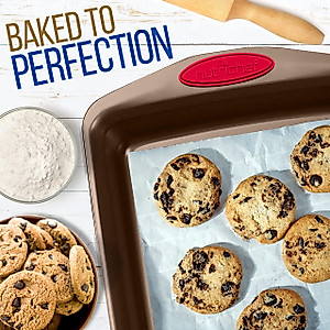 NutriChef 2-Piece Baking Pan Set - PFOA, PFOS, PTFE Free Flexible Nonstick Golden Coating Carbon Steel Bakeware - Professional Home Kitchen Bake Cookie Sheet Stackable Tray w/Red Silicone Handles