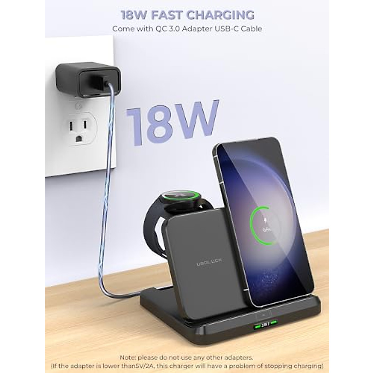 Wireless Charging Station for Samsung and Android, 3 in 1 Foldable Wireless Charger Fast Charger Stand for Galaxy S24/S23/S22/S21/S20 Z Fold 5/4/3 Z Flip 5/4/3, Note20 Ultra, Watch 6/5/Pro/4/3, Buds