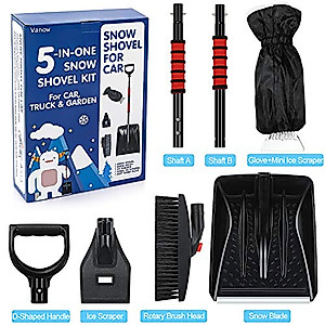 Snow Shovel Kit Removal Tools - 5 in 1 Foldable Car Snow Shovel + Snow Brush + Ice Scraper + Glove + Mini Ice Scraper, Portable Emergency Snow Remover Shovel Set for Car Truck Camping Outdoor