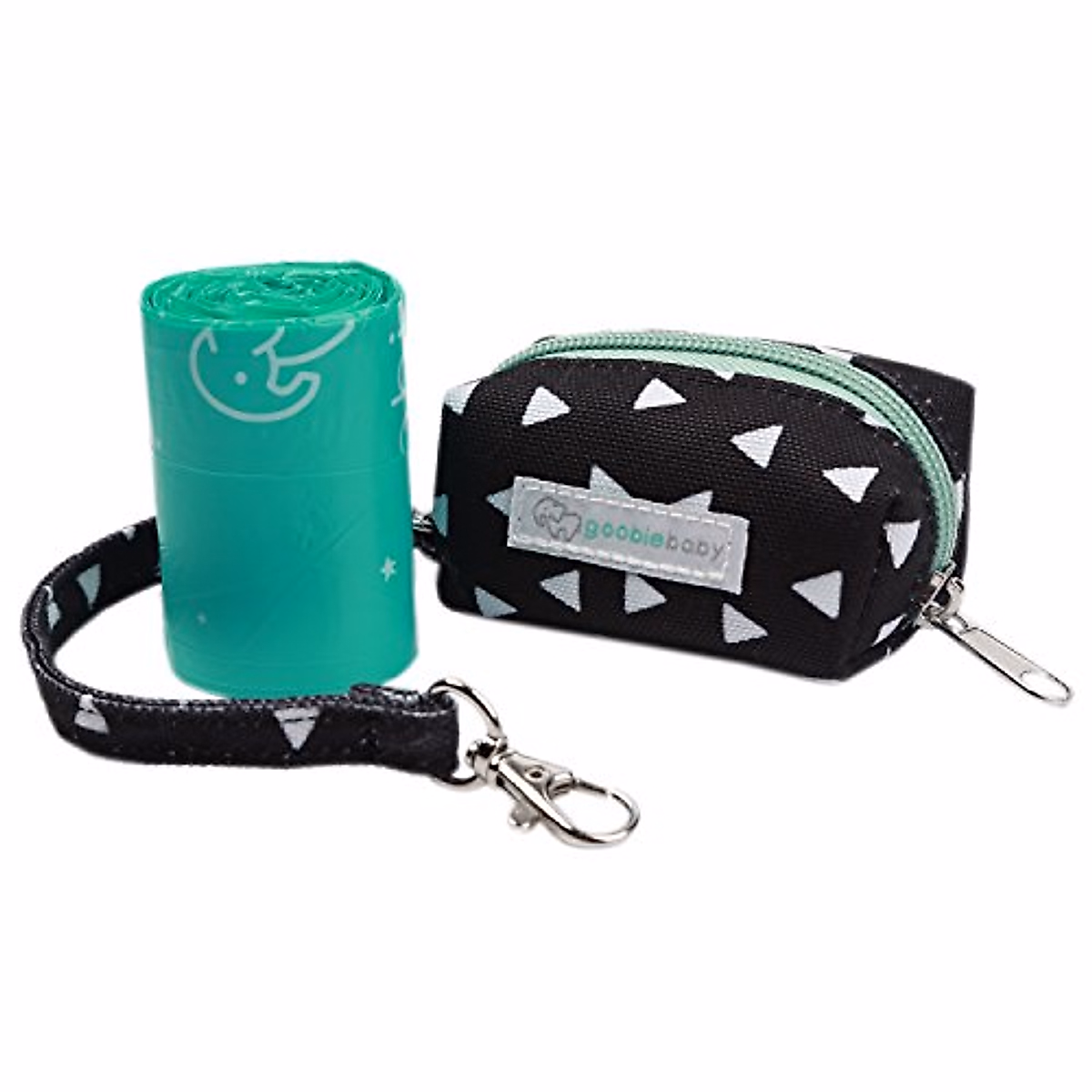 Goobie Baby Diaper Bag Dispenser, Includes Roll of Unscented Disposable Refill Bags | Waste Bag Holder for Stroller (Black Triangle Dispenser + 1 Roll)