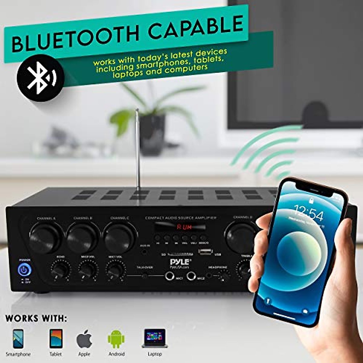 Pyle Bluetooth Home Audio Amplifier System-Upgraded 6 Channel 750 Watt Wireless Home Audio Sound Power Stereo Receiver w/USB, Micro SD, Headphone,2 Microphone Input w/Echo, Talkover for PA - PTA62BT.5
