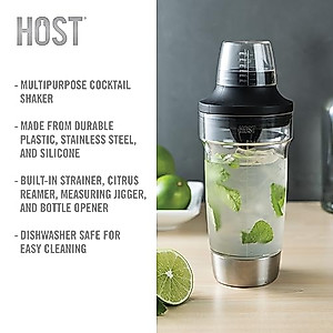 HOST All in One Cocktail Shaker Set | 5 in 1 Tool - Jigger Cap | Strainer | Reamer | Stainless Steel Bottle Opener and Oz and mL Markers 18 oz Capacity - Multitool Bartending Mixer for Drinks