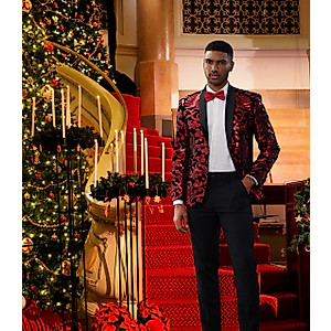 PJ PAUL JONES Men's Suit Jackets Velvet Sequins Tuxedo Jacket Shawl Lapel Slim Fit Casual Blazer for Men Dinner Wine Red 2XL