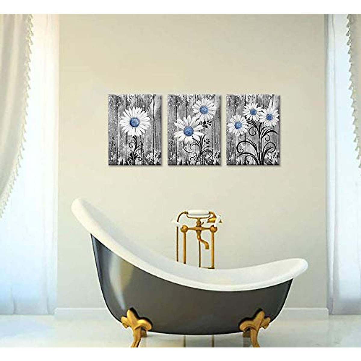 Zlove 3 Pieces Bathroom Picture Wall Decor Rustic Blue Daisy Flowers Giclee Print Gallery Wrap Modern Floral Home Kitchen Decor Ready to Hang 12x16inchx3pcs