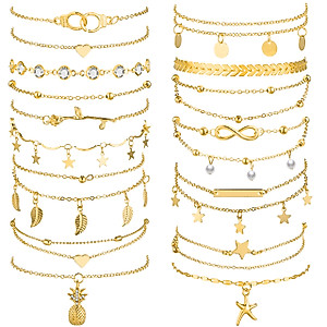 Hicarer 16 Pieces Ankle Bracelets 14K for Women Anklets Set Silver Gold Boho Beach Anklets Foot Chains Adjustable Foot Hand Jewelry Romantic Gift(Gold)