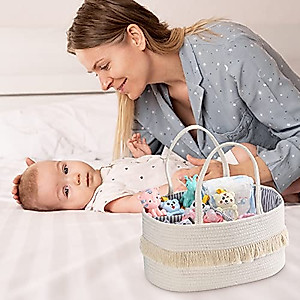 MBJERRY Baby Rope Diaper Caddy Organizer - Nursery Storage Bin Canvas Portable Diaper Storage Basket with Removable Inserts for Changing Table &Car, Newborn Baby Shower Basket