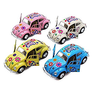 KiNSMART 1967 Volkswagen Classical Beetle w/Peace Love Decals, Set of 4 5375DF - 1/32 Scale Diecast Model Toy Cars