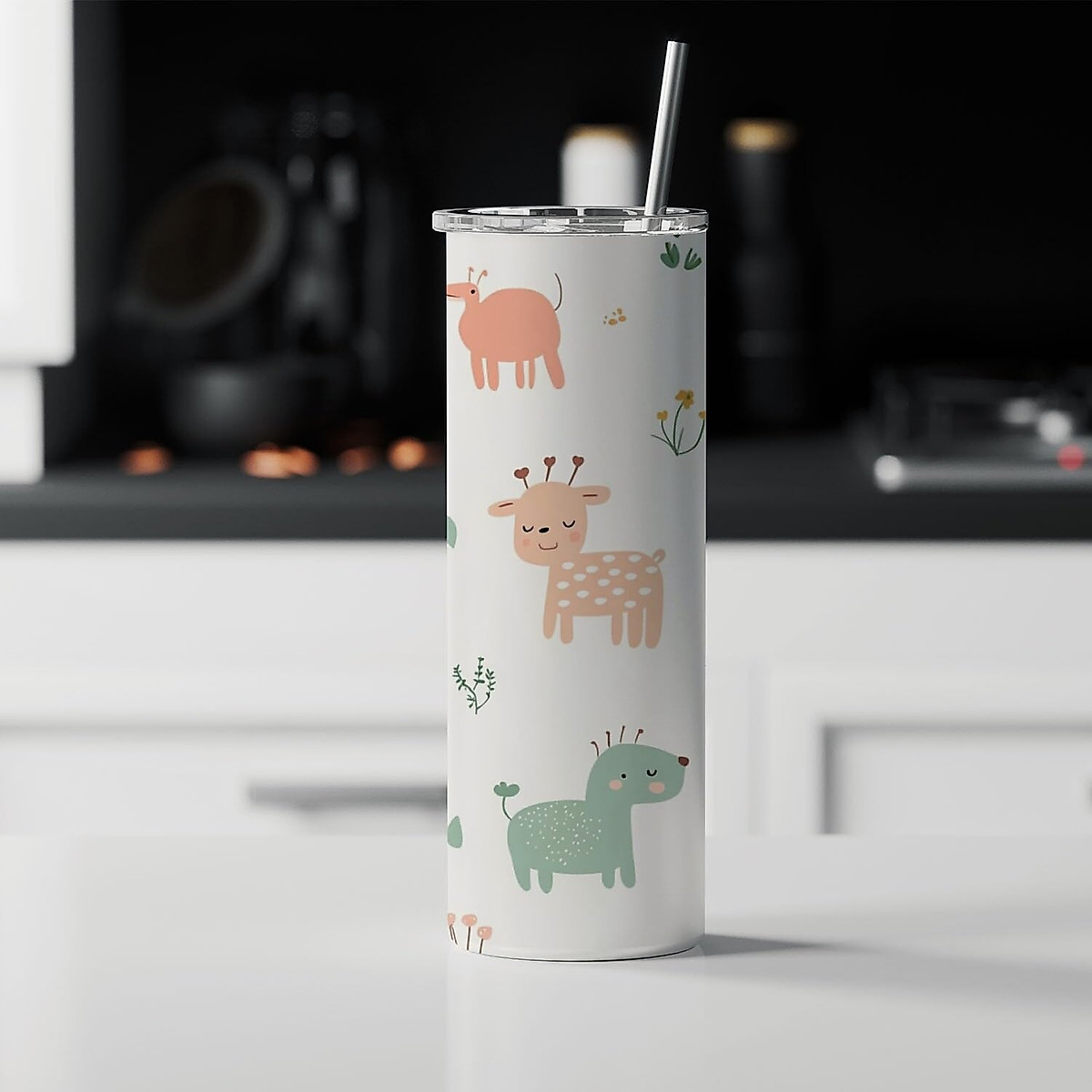 Tumbler with Lid and Straw Cute Cartoon Animal Giraffe Thermos Coffee Travel Mug Cute Cups 20 oz Insulated Tumbler for Daily Holiday Decor Gift Coffee Cup