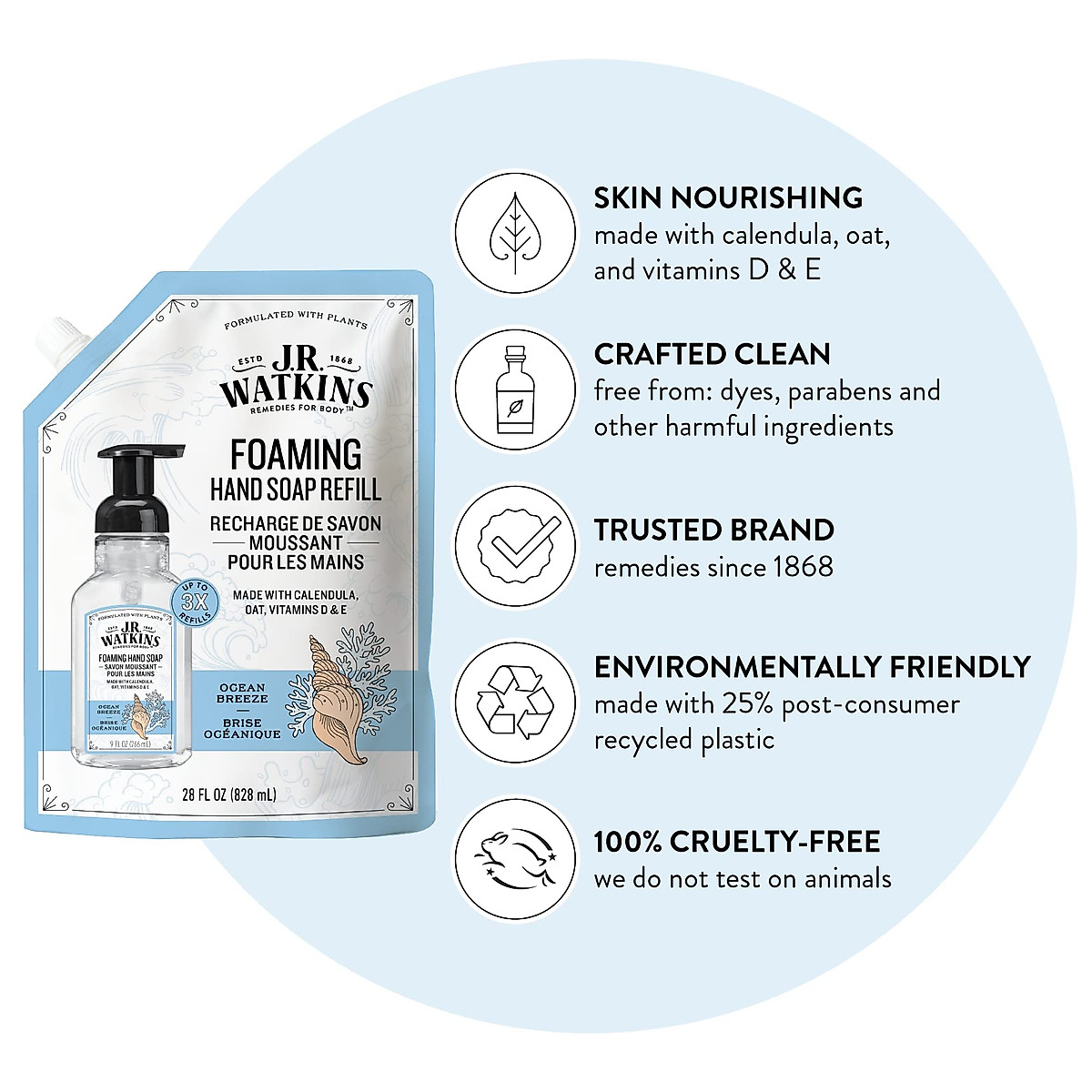 J.R. Watkins Foaming Hand Soap Refill, Moisturizing Foam Hand Wash, All Natural, Alcohol-Free, Cruelty-Free, USA Made, Ocean Breeze, 28 fl oz, 3 Pack