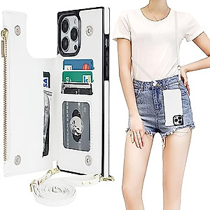 Bocasal Crossbody Wallet Case for iPhone 13 Pro Max with RFID Blocking Card Slot Holder, Magnetic Flip Folio Purse Case, PU Leather Zipper Handbag with Detachable Lanyard Strap 6.7 Inch 5G (White)