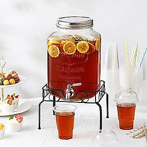 2 Gallon Glass Beverage Dispenser with Stand and Lid, 18/8 Stainless Steel Spigot - Glass Drink Dispensers for Parties - Mason Jar Drink Dispensers with Lids