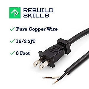 Rebuild Skills Replacement Power Cords for Drills, Sanders, Chop Saws, Grinders, Vacuums, Miter Saws, Appliances, Motors and Power Tools (16/2, 8FT)