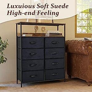 LYNCOHOME 8 Drawer Dresser for Bedroom, Fabric Dresser with Shelves, Chest of Drawers for Bedroom, Closet, Clothes, Storage Tower with Sturdy Steel Frame, Wood Top, Fabric Drawers