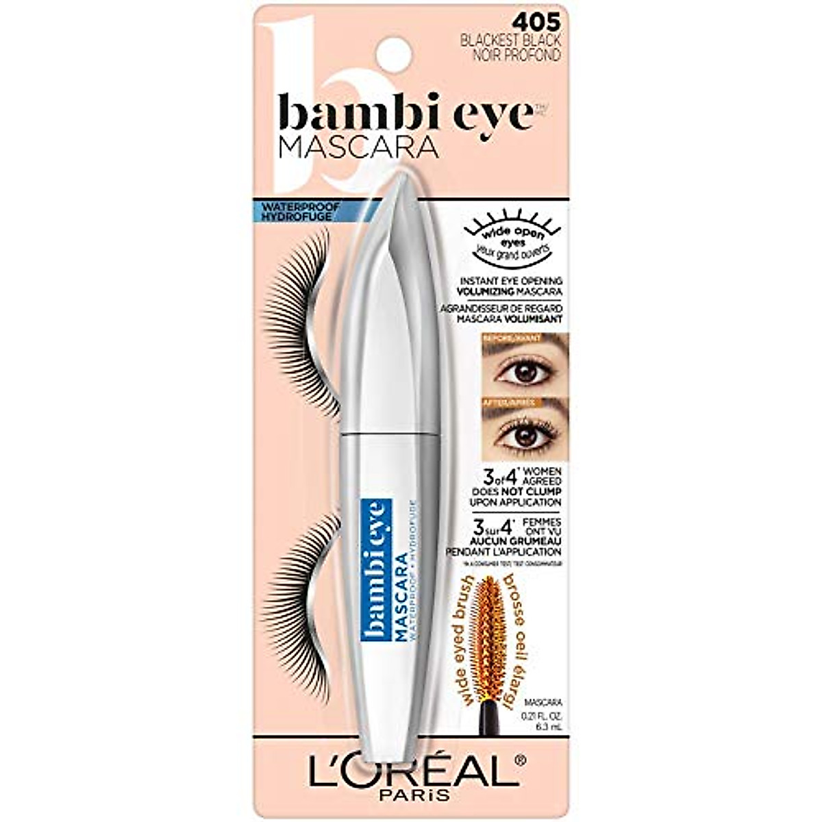 L'Oreal Paris Bambi Eye Mascara, Lasting Volume, Length & Lift, Doe-Eye Definition, No Clumping or Smudging, Waterproof, Blackest Black, 0.21 fl. oz.