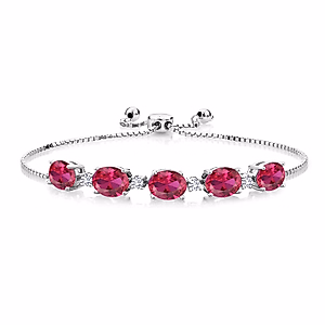 Gem Stone King 925 Sterling Silver Red Created Ruby and White Lab Grown Diamond Tennis Bracelet For Women (7.76 Cttw, Oval Center Stone:8X6MM, Small Stones: 2.5MM)