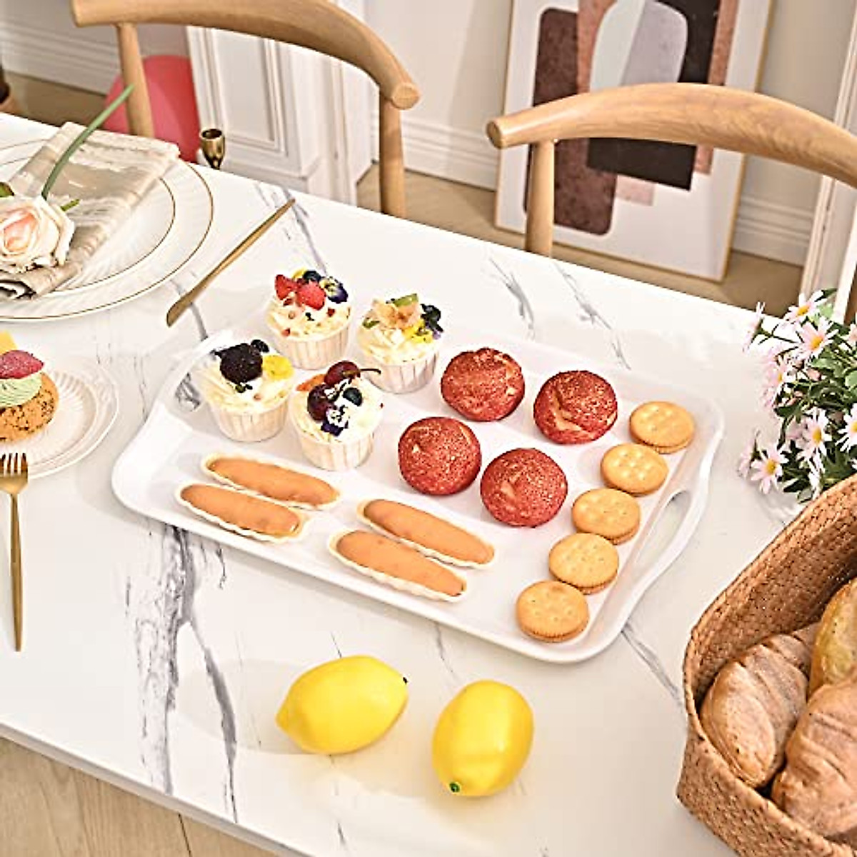 Blue Boat 16.5" x 11.5" Rectangular Serving Trays Set of 2 White,Light Weight Easy to Clean Sturdy Stackable Melamine Serving Tray with Handle, Fruit, Snacks, and Desserts Trays