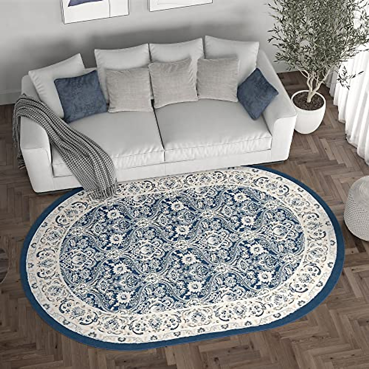Tillie Dark Blue 5x8 Oval Area Rug - Area Rugs for Living Room Bedroom Dining Room Entryway Kitchen Bath Indoor Entry - Floral Carpet - Alfombras para Salas