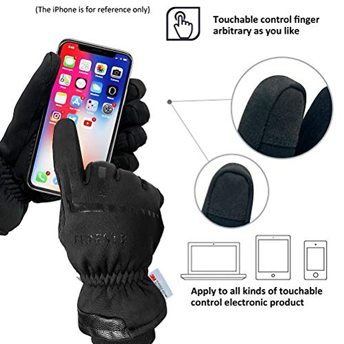 FIDESTE -40℉ Waterproof Winter Thermal Gloves - 3M Thinsulate Windproof Touch Screen Warm Gloves - for Driving Motorcycle,Cycling,Running,Outdoor Sports - for Women and Men - Black (M)