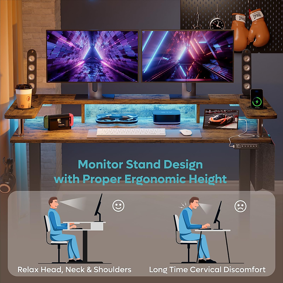 Bestier LED Electric Standing Desk Adjustable Height, 58x26 Inch Large Sit Stand Desk with Monitor Stand, Ergonomic Rising Desk for Home Office Workstation, Headphone Hook Storage Bag Brown