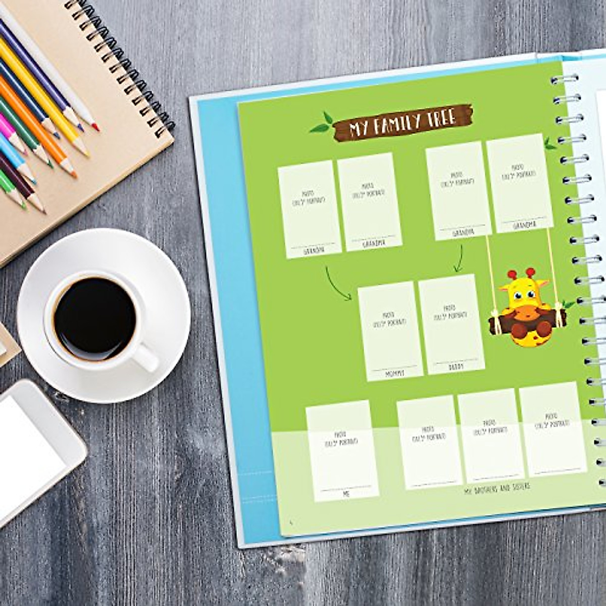 KiddosArt Baby Memory Book. Record Memories and Milestones of The First 5 Years On 72 Beautifully Drawn Pages Starring Lilly The Giraffe Blue. 12 Monthly Stickers Included.