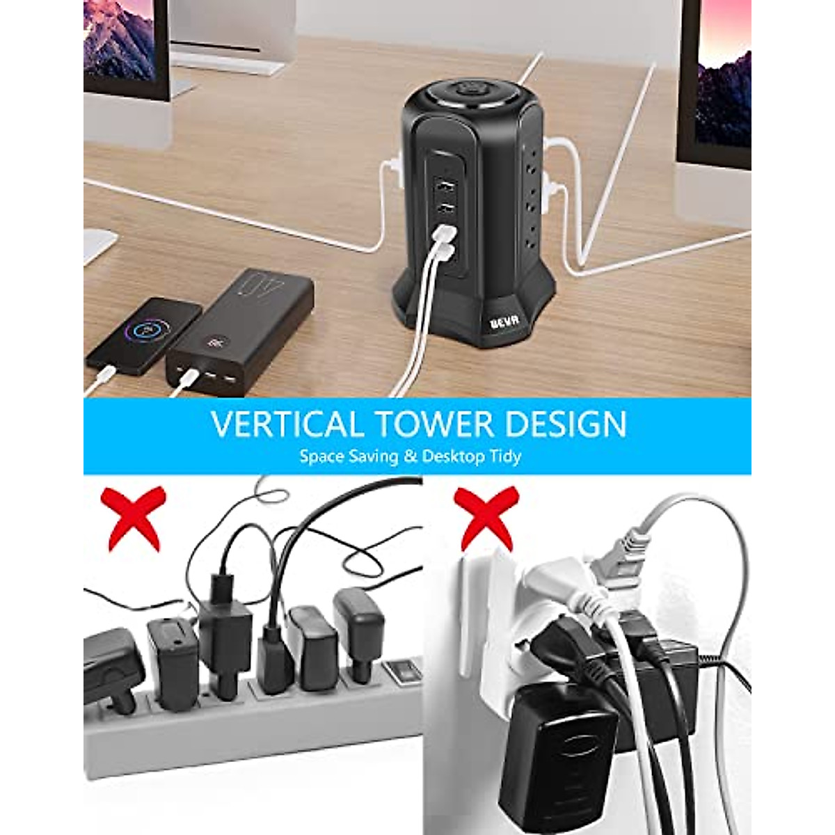 Power Strip Tower Surge Protector, BEVA Surge Protector Tower with 9 AC Outlet and 4 USB Ports, 18AWG 6.5 Feet Extension Cord, 3-Prong Flat Plug, Multiple Outlets for Office Apartment Dorm Essentials