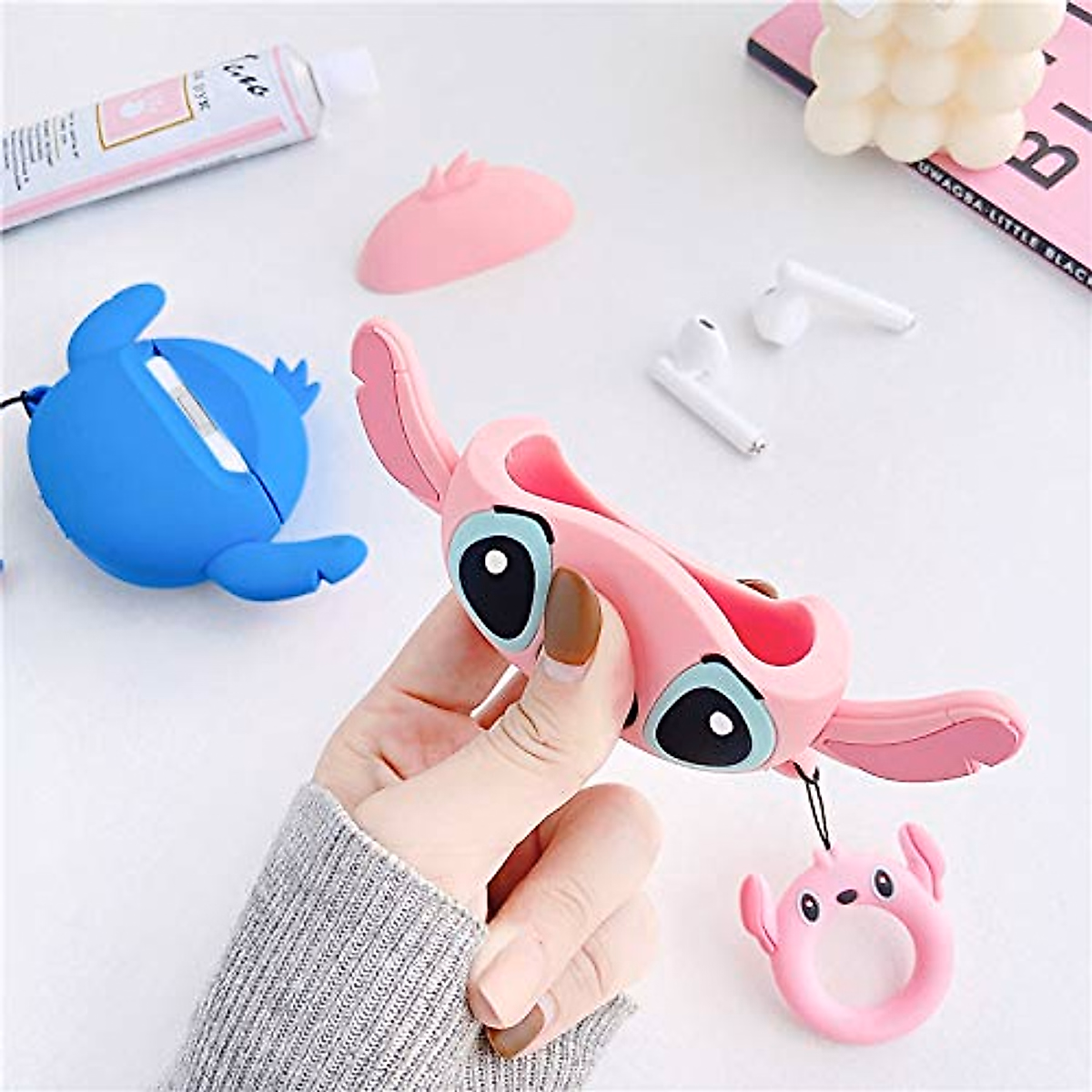 Ultra Thick Soft Silicone Case Cover for Apple AirPods 1 2 1st 2nd Generation with Strap Blue Stitch Anime 3D Cartoon Adorable Lovely Classic Cute Funny Women Teens Girls