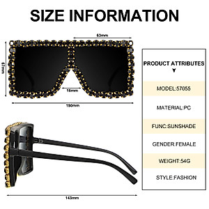 Weewooday 2 Pairs Oversized Square Crystal Sunglasses Flat Top Sunglasses Retro Thick Frame Bling Glasses for Women Men(Black)