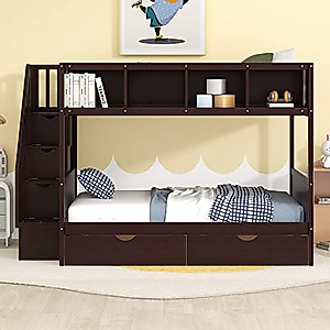 Twin Over Full Bunk Bed with Built-in Storage Shelves and 2 Drawers,Stairway Bunk Bed for Kids Bedroom, Home, Solid Wood Bunk Bed for Kids Teens Boys Girls, No Box Spring Needed