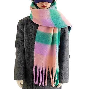 OUNIYA Big Chunky Plaid Scarf Colorful Checked Oversized Thick Scarves Soft Large Cashmere Wool Shawl Winter Warm Blanket Women (pink green grid)