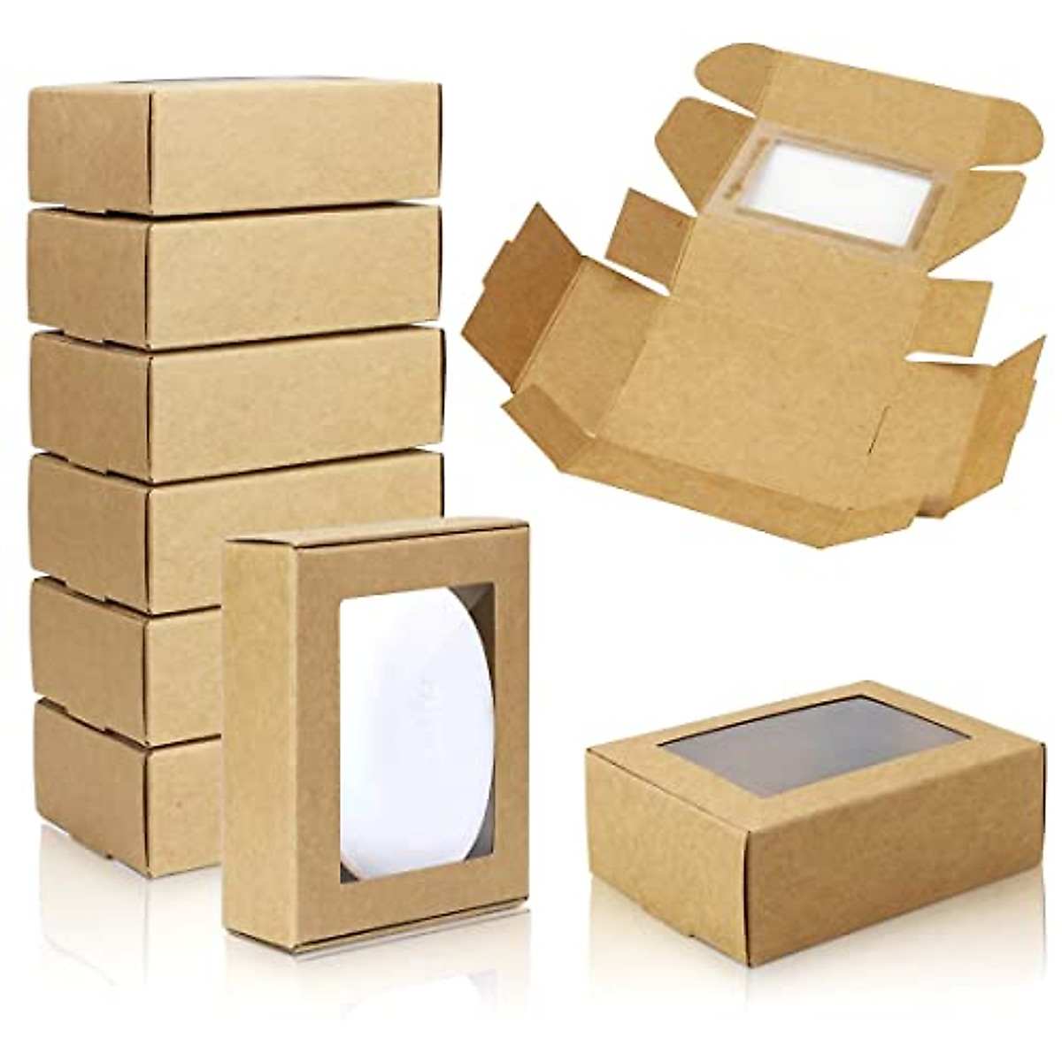 BadenBach 50 Pack Small Rectangle Kraft Paper Boxes with Clear Windows,3.33" x 2.35" x 1.18",Mini Soap Present Treat Gift Box for Bakery Candy,Chocolate Packaging Jewelry Display Wedding Party Favor (Brown)