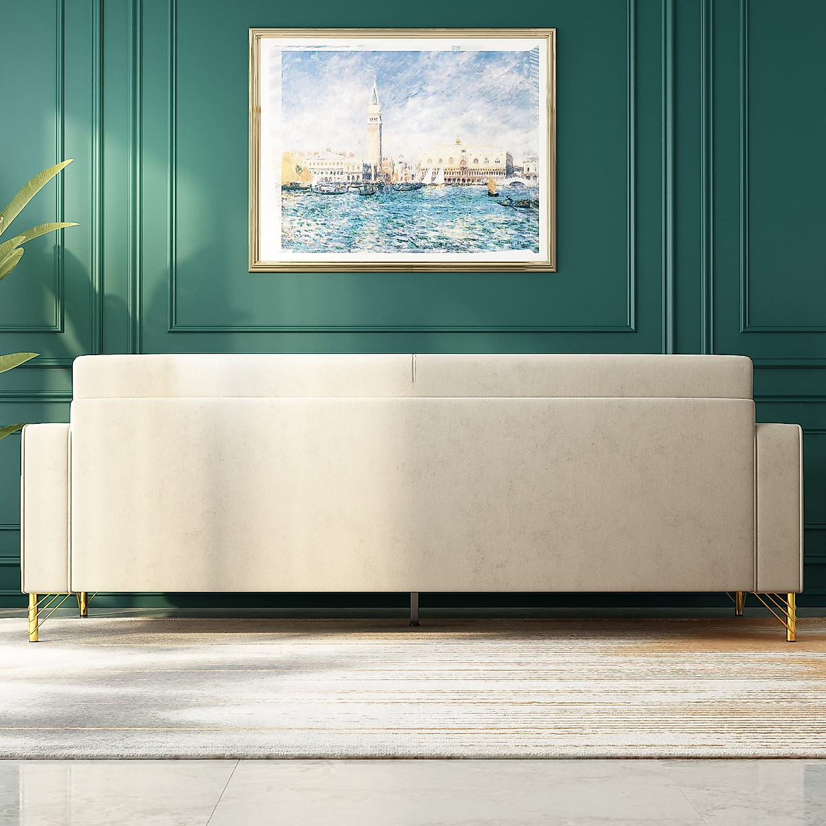 ANTTYBALE 85" Velvet Sofa,Mid-Century Modern Chesterfield 3 Seat Comfy Couch with Pillows Set of 2 for Living Room,Bedroom,Apartment Furniture with Gold Metal Legs (P18-Beige)