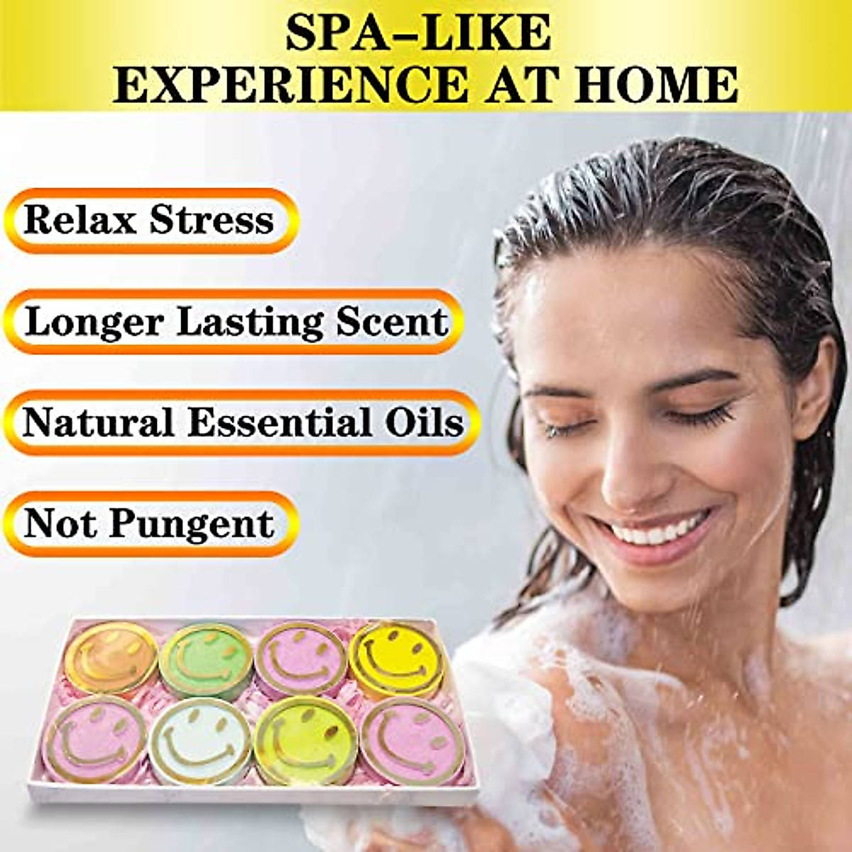 Shower Steamers Aromatherapy - 8 Pcs Smile Face Scented Bath Bomb Steamer Tablets for Shower with Pure Essential Oils, Women Stress Relief Spa Gift for Birthday, Christmas and Valentine's Day