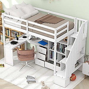 SOFTSEA Twin Loft Bed with L-Shaped Desk & Stairs, Wood Loft Bed with Desk and Storage Staircase, Twin Loft Bed with Bookcase and Storage Drawers, High Loft Bed with Desk for Kids Teens Adults, White